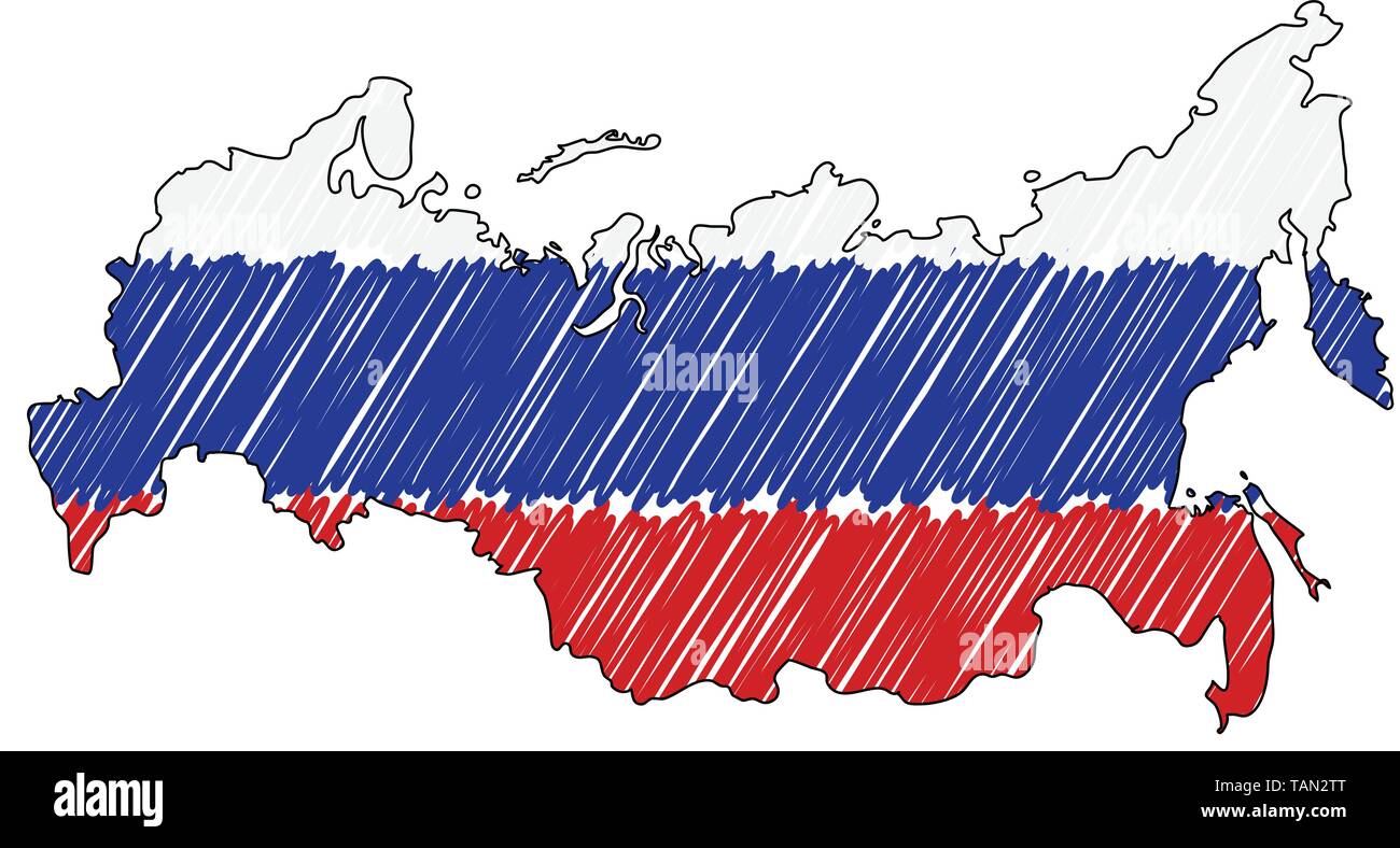 Carte de Russie esquisse dessinée à la main. Concept illustration vectorielle, drapeau, dessin ...