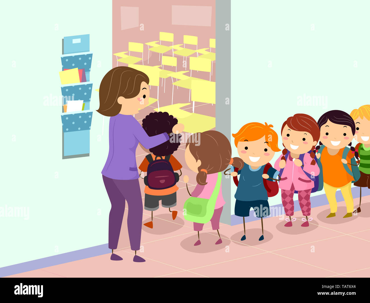 Illustration de Stickman Kids se tenant dans la ligne avant d'entrer ...