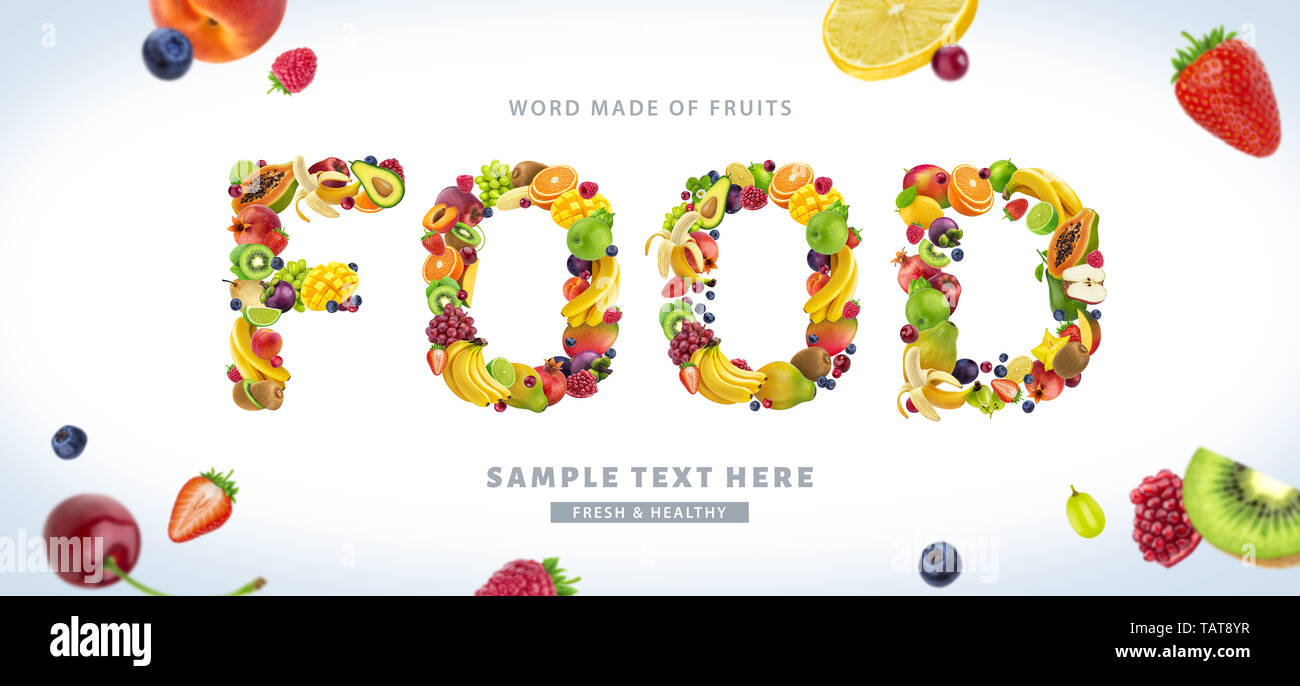 Alimentaire mot composé de différents fruits et baies Photo Stock - Alamy