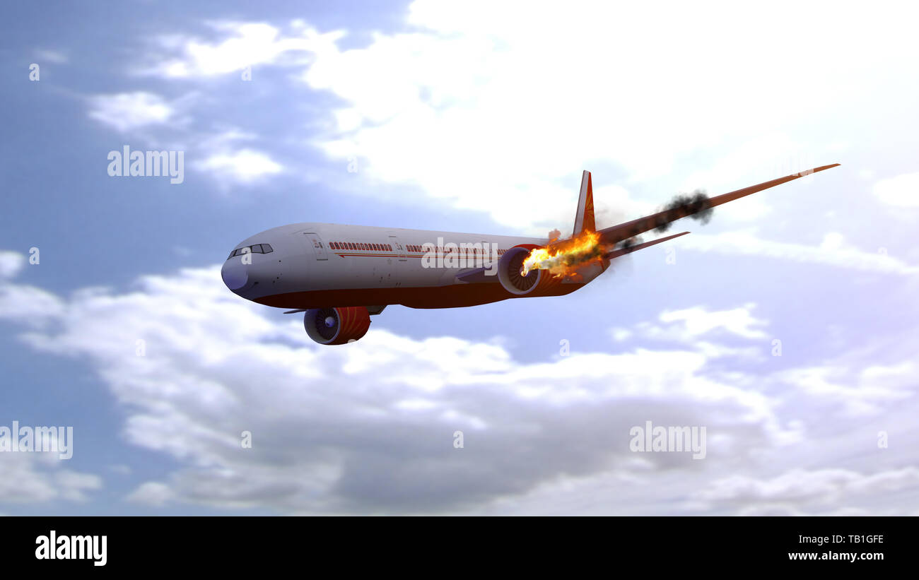 Avion de ligne avec le moteur en feu, notion de catastrophe aérienne ...