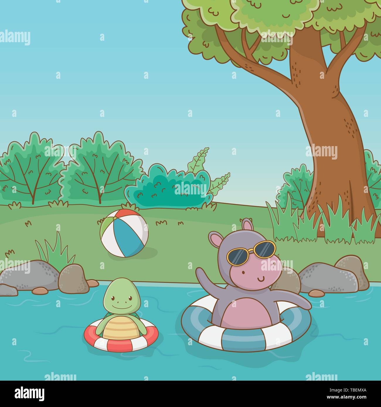 Hippo et turtle cartoon design, tourisme et vacances d'été thème saison ...