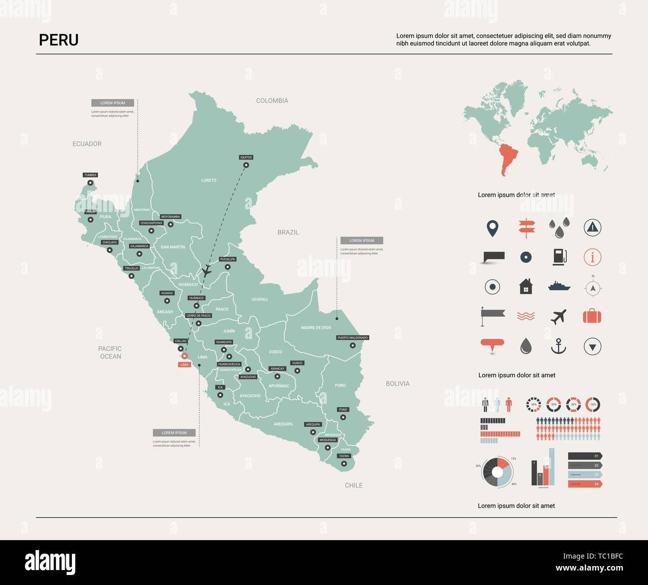 Carte vectorielle du Pérou. Carte pays avec la division, les villes et ...