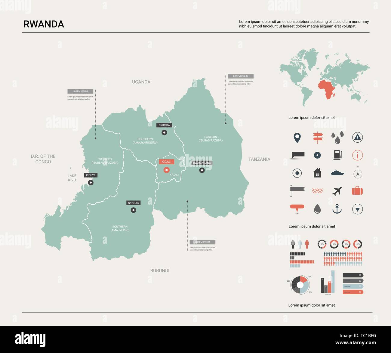 Carte vectorielle du Rwanda. Carte pays avec la division, villes et ...