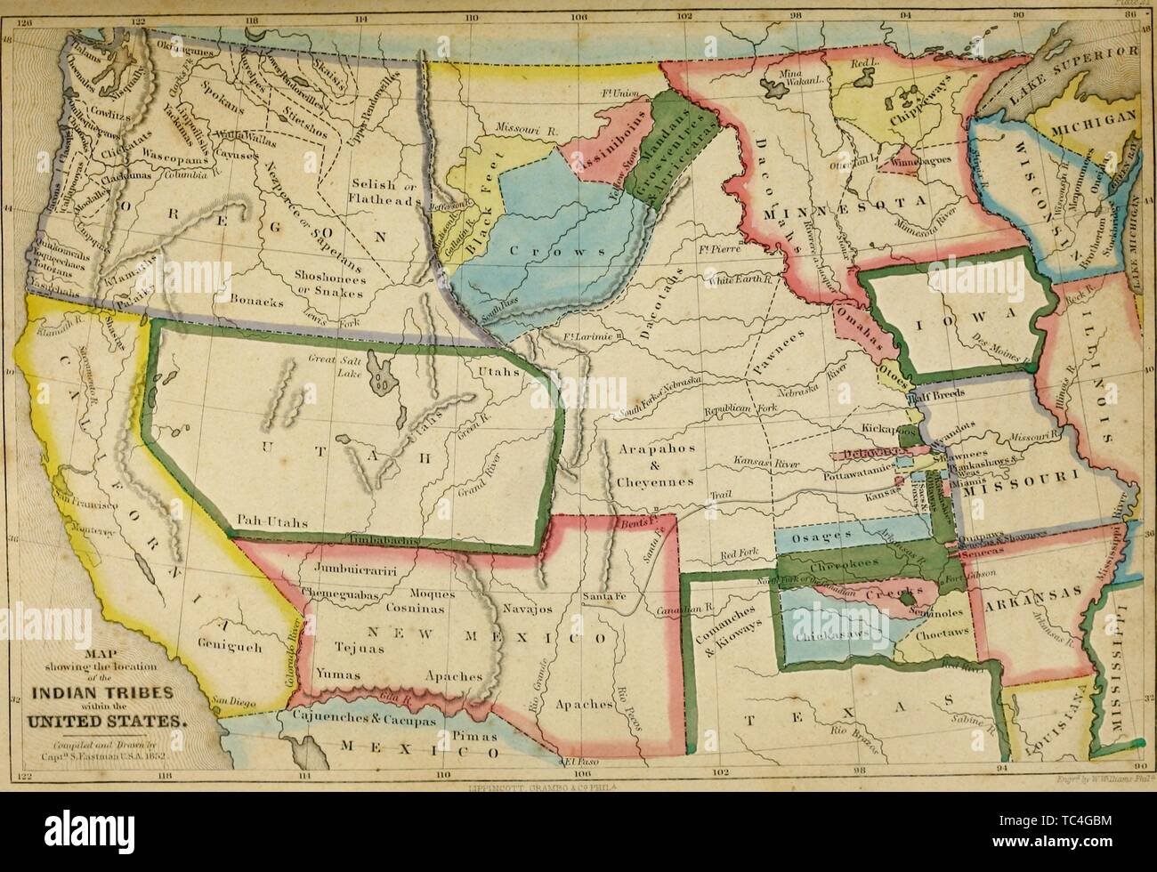 Carte gravée de l'United States, montrant l'emplacement des tribus ...