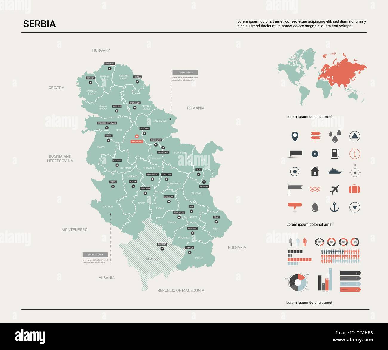 Carte vectorielle de la Serbie. Carte pays avec la division, villes et ...