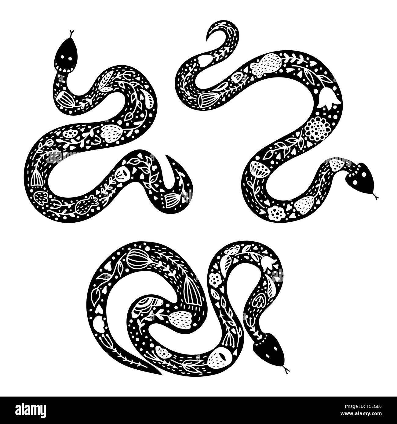 Ensemble de trois Serpents dans un style scandinave sur fond blanc ...