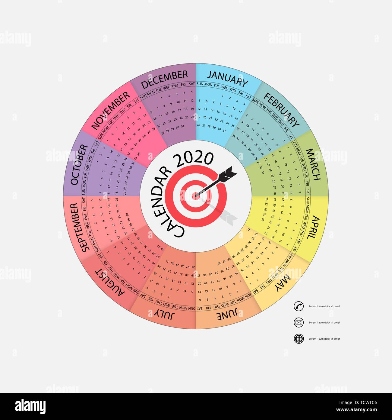 Modèle de calendrier 2020 calendrier cercle.template.Calendar 2020 ...