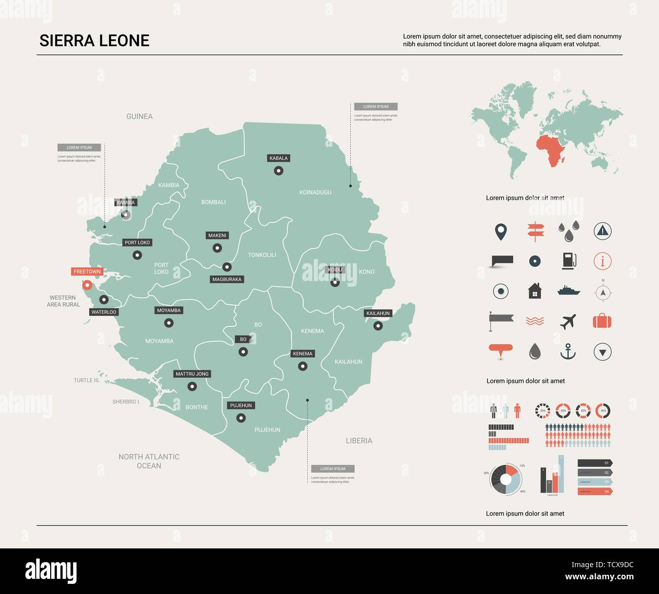 Carte vectorielle de la Sierra Leone ;. Carte pays avec la division, les villes et le capital de ...