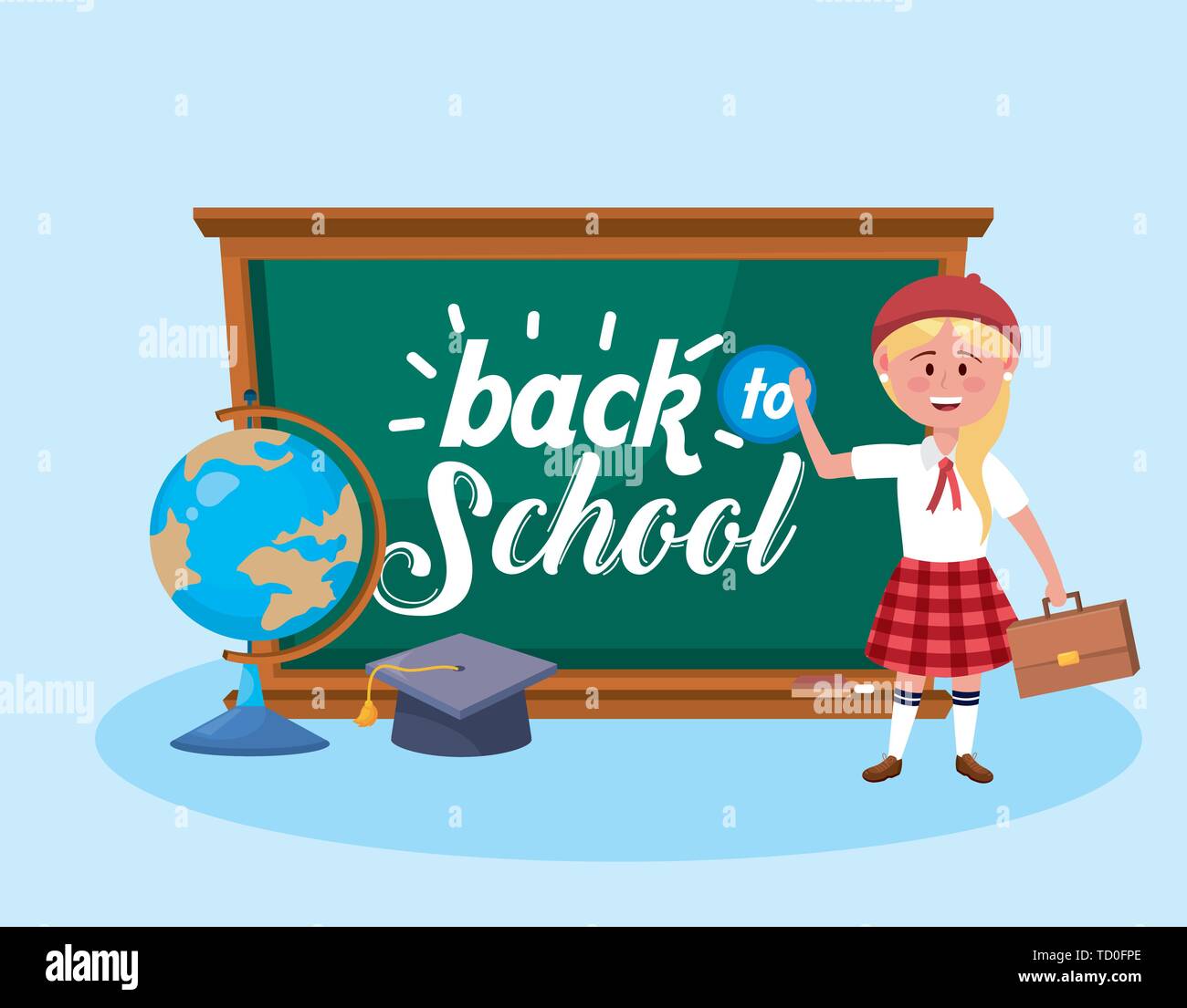 L'élève fille avec valise et tableau noir avec graduation cap à nouveau ...