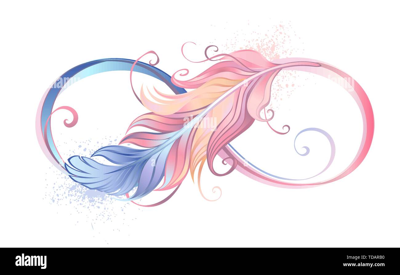 Symbole de l'infini avec une belle plume peint en rose et bleu pastel ...