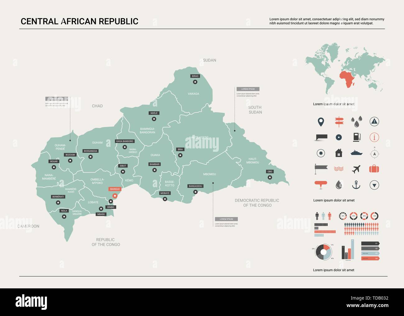 Carte vectorielle de la République centrafricaine. Carte pays avec la ...