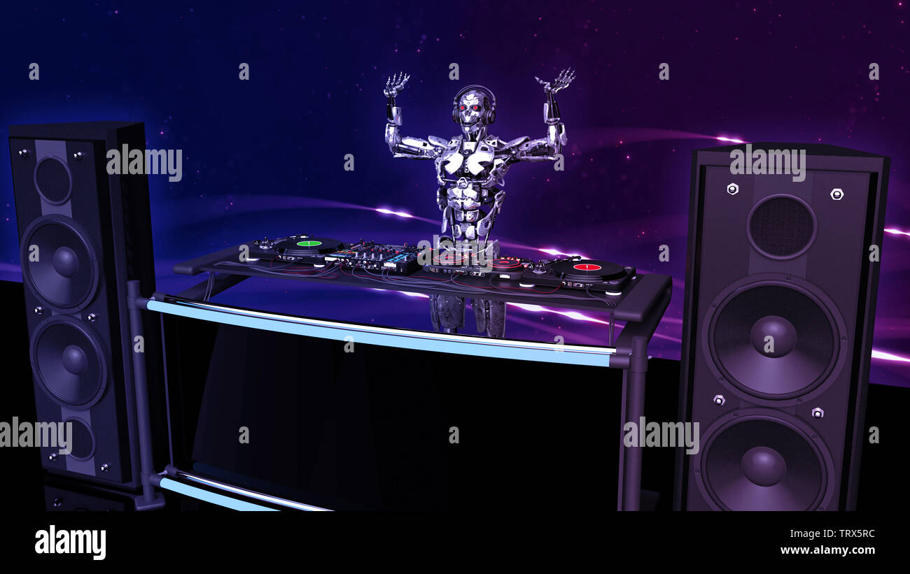 Robot DJ, disc-jockey cyborg avec mains en jouant de la musique sur ...