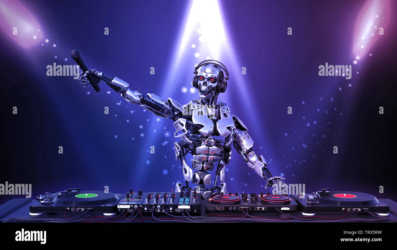 Robot DJ, disc-jockey cyborg holding microphone et écouter de la ...