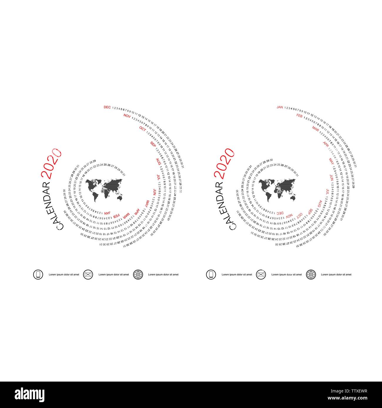 2020 Modèle de calendrier.forme en spirale Calendrier 2020 calendrier ...