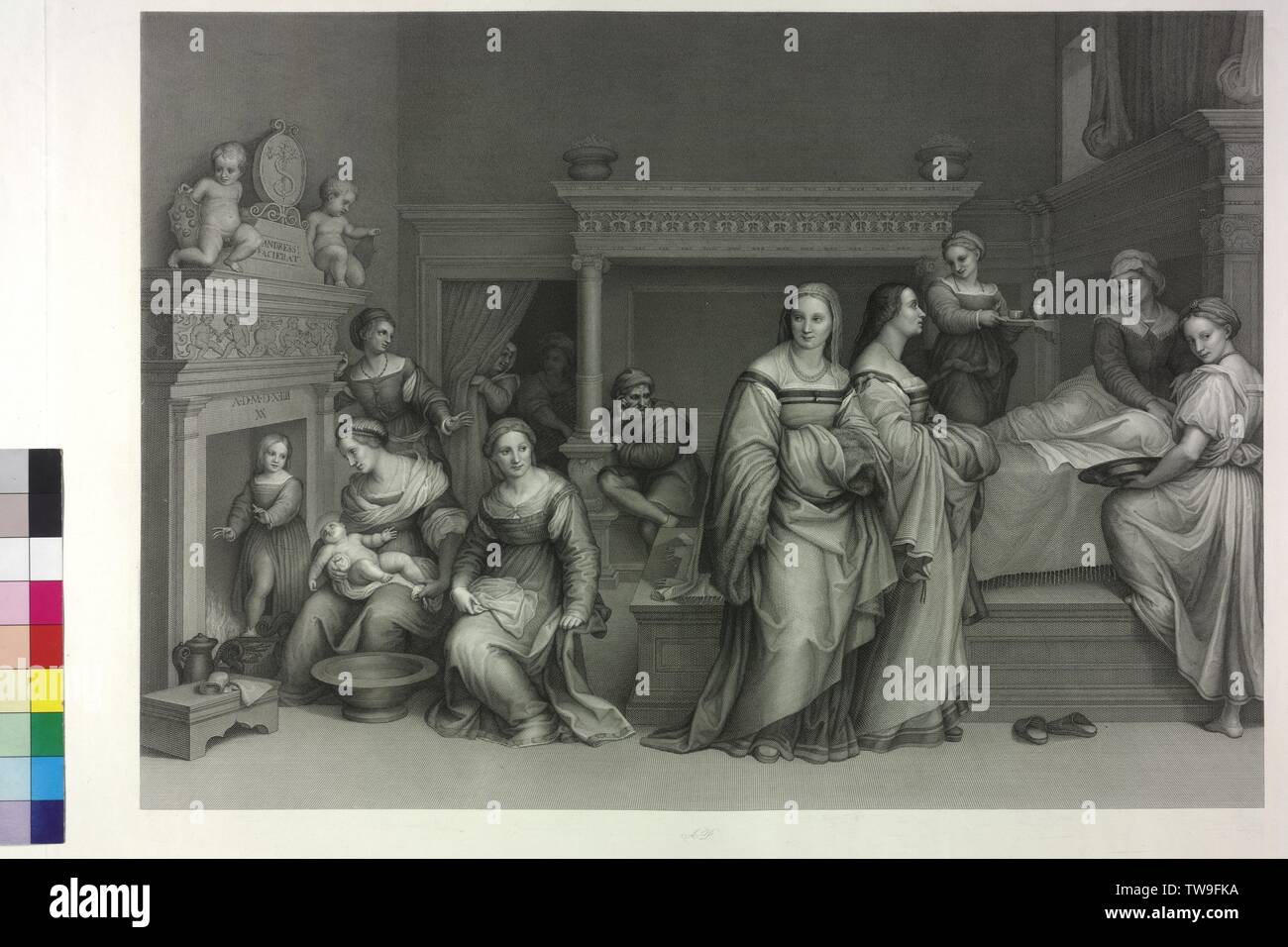 Nativité de Marie, gravure sur cuivre par Antonio Perfetti basé sur ...