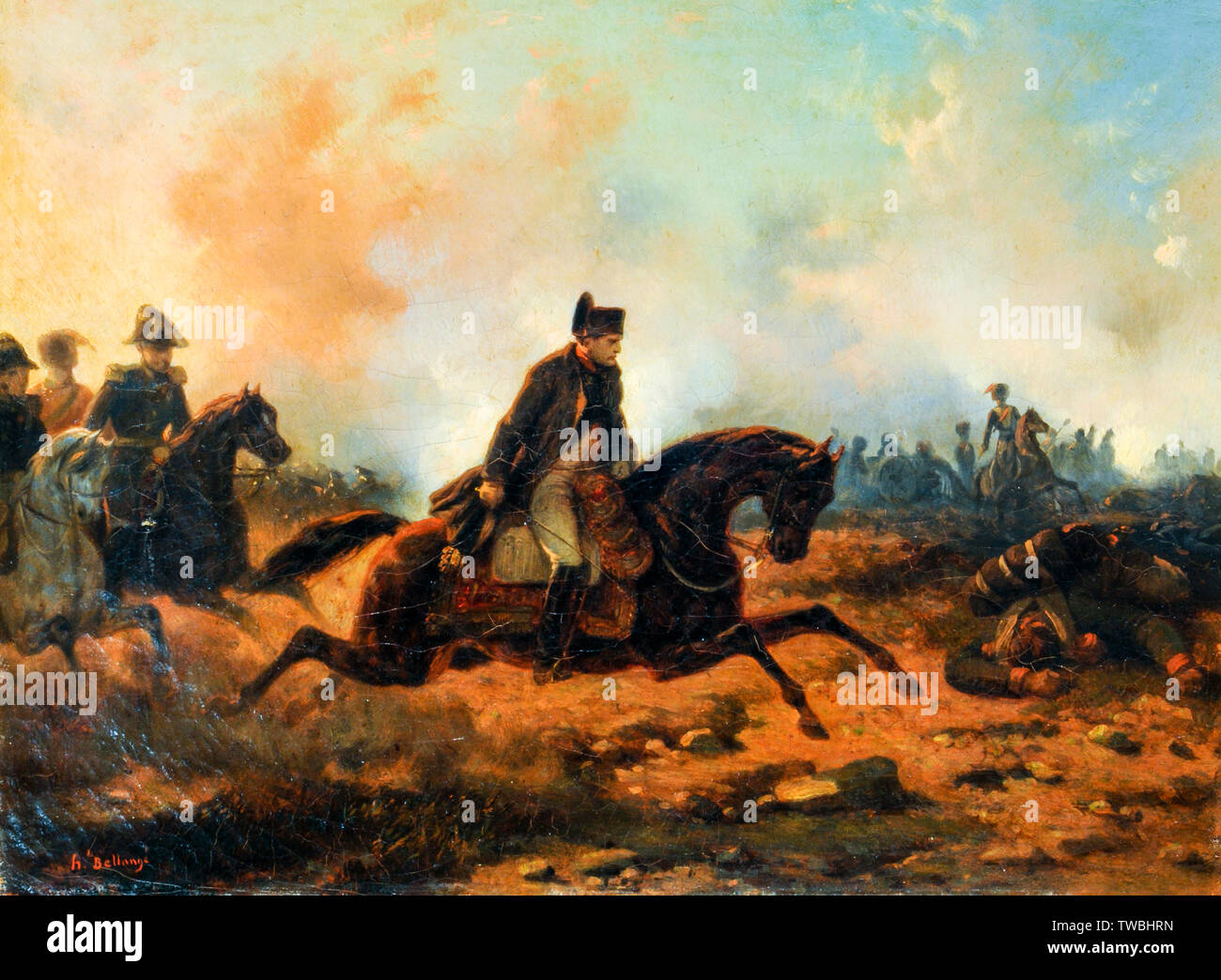 Napoleón Bonaparte à cheval de charge à la bataille de Waterloo, la ...