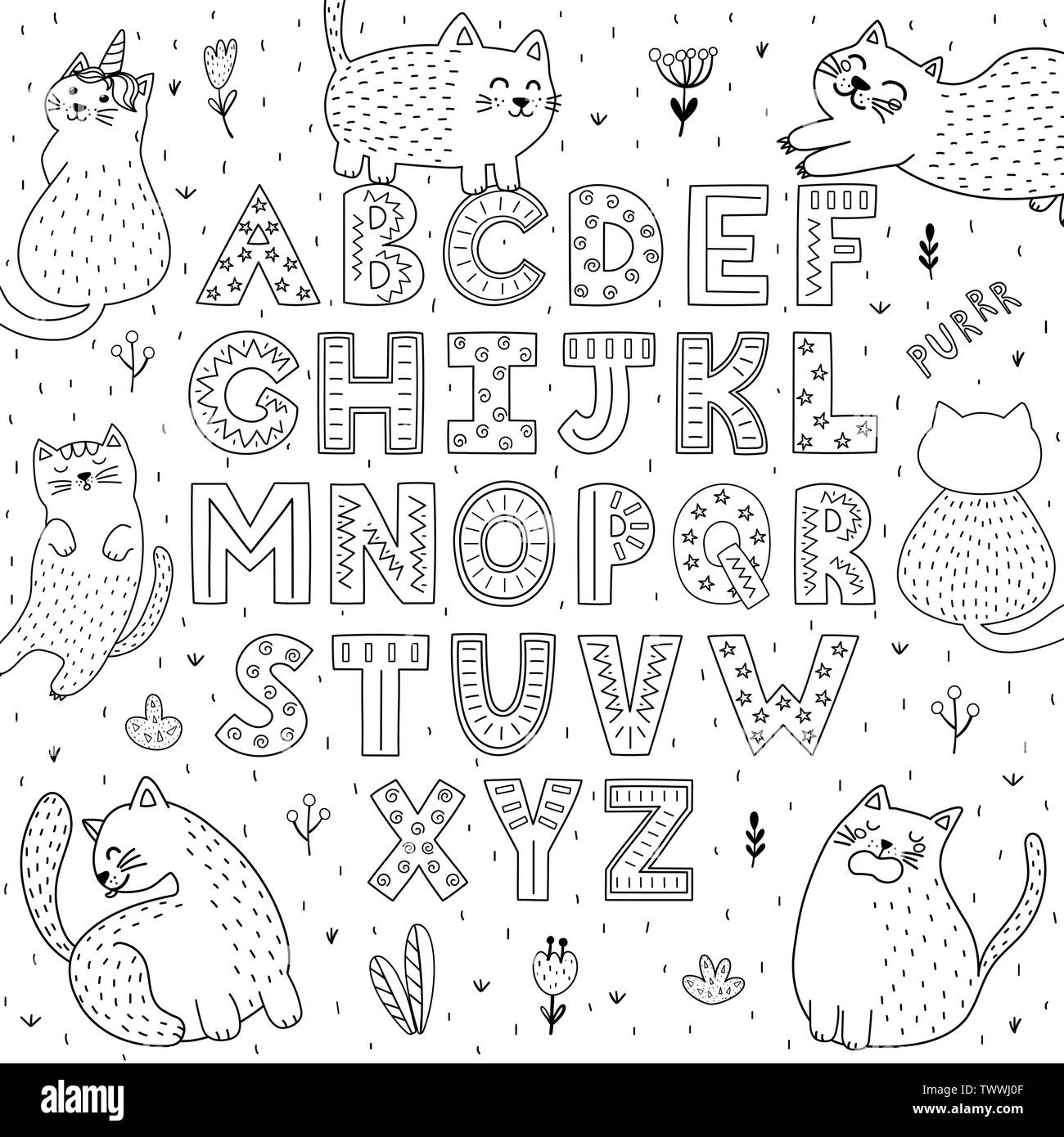 Alphabet noir et blanc avec drôle de chats. Abc à colorier. Vector ...