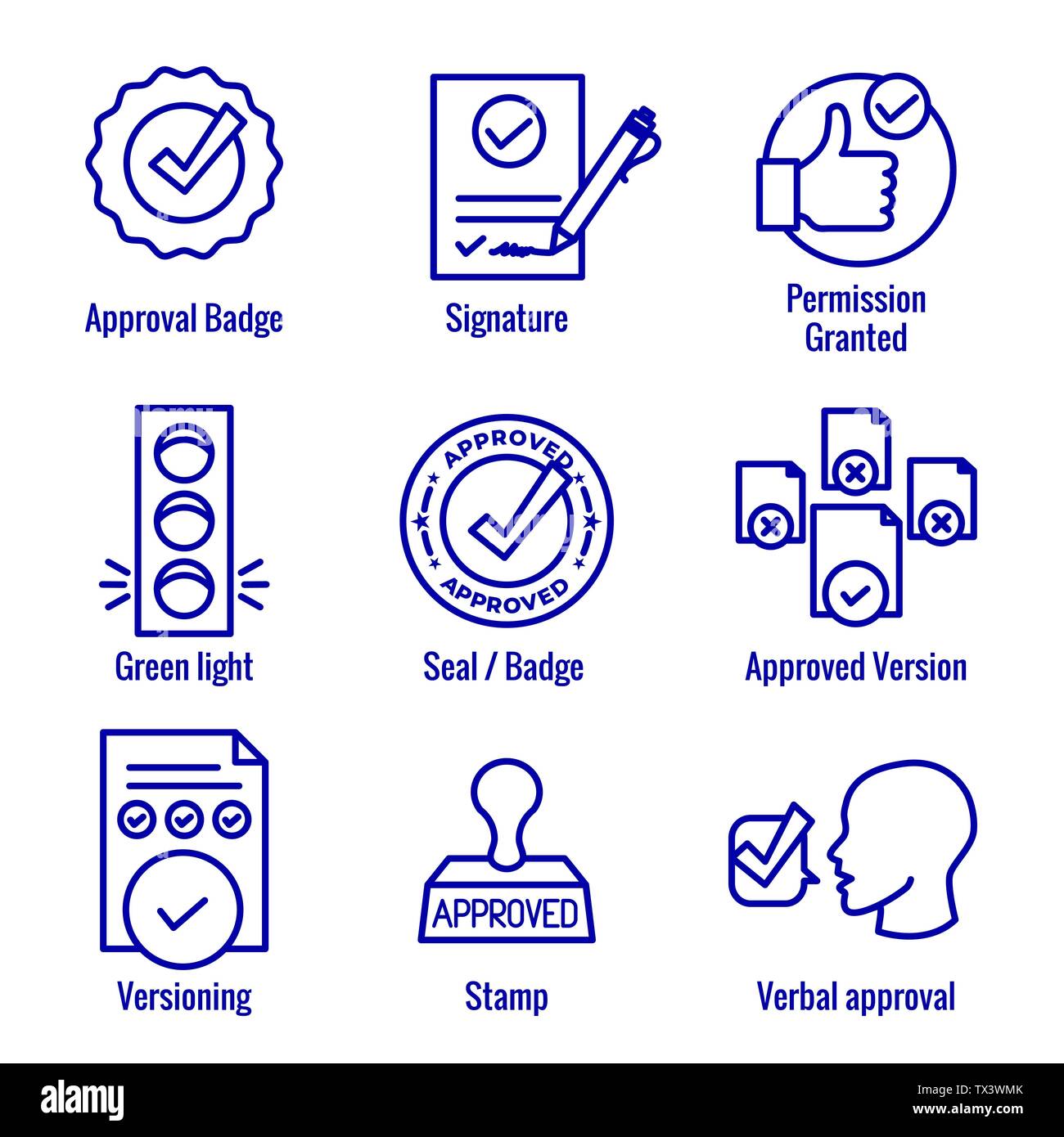 Approbation et signature Icon Set w Stamp et icônes de version Image ...