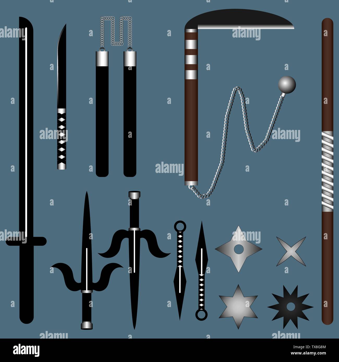 Ensemble d'arme Ninja isolé sur fond sombre. Katana, Sai, Kusarigama ...