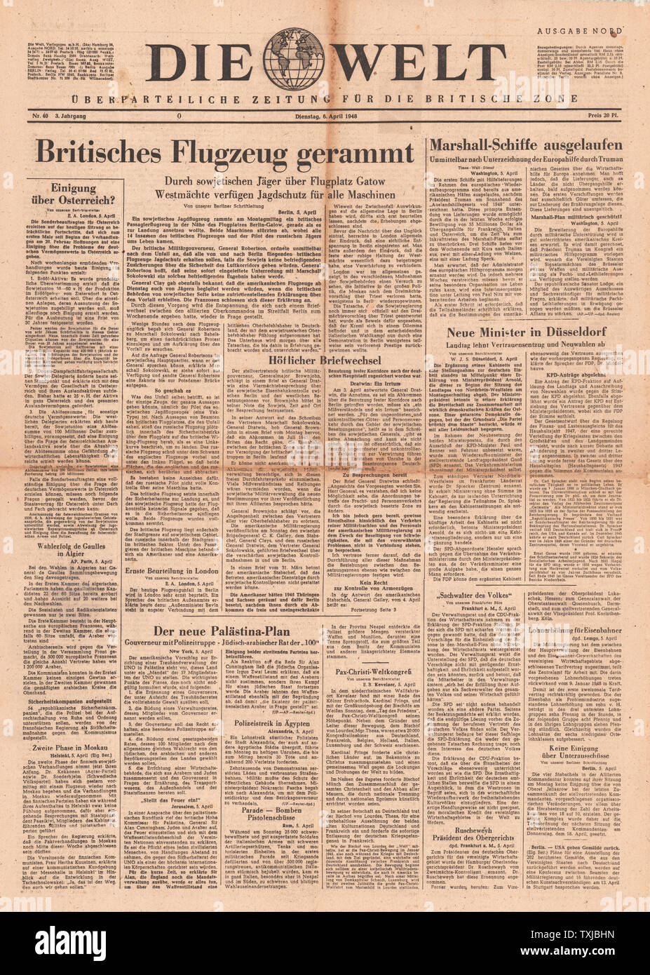 1948 Die Welt (Allemagne) première page de journal Pont Aérien de ...