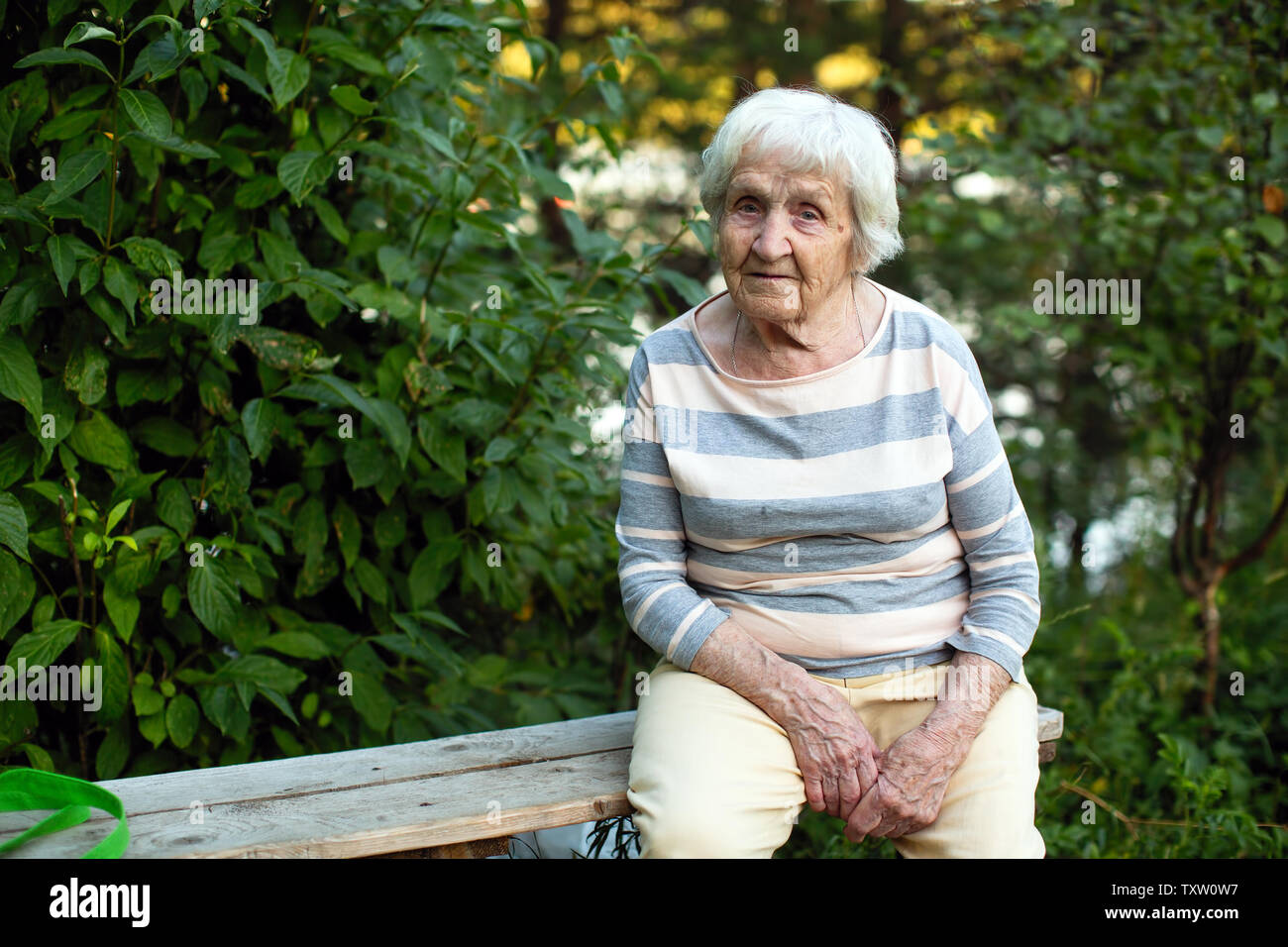Vieille Dame Assise Sur Un Banc En Bois Banque De Photographies Et D
