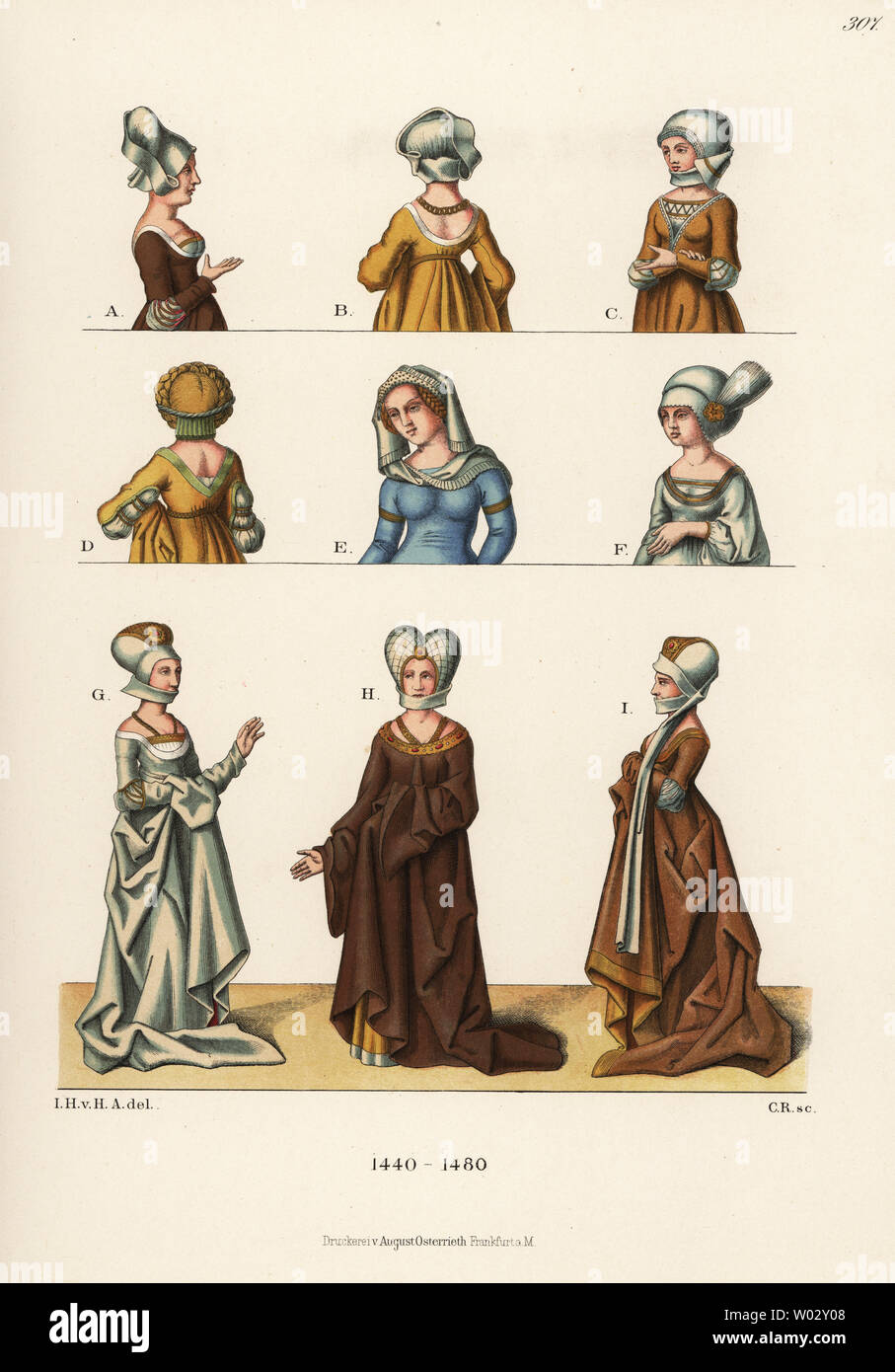 Costumes de femmes du milieu du 15ème siècle. Les femmes portent des ...
