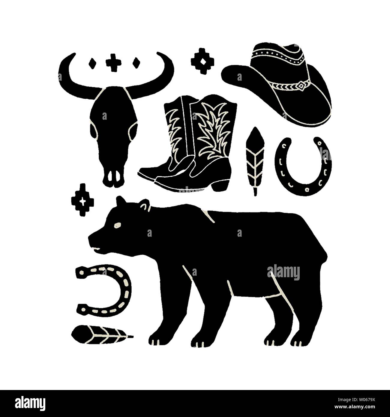 Vector set de part dessiner des éléments de l'Ouest sauvage. Les icônes ...