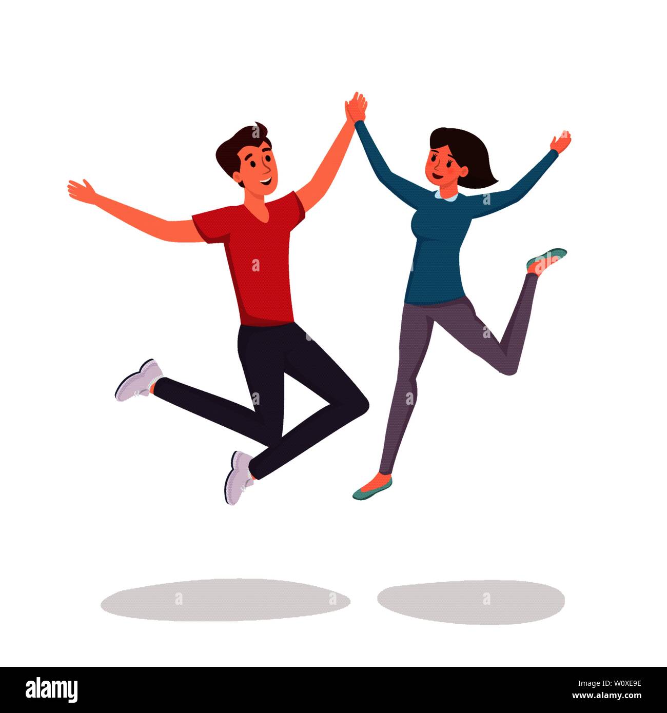 Couple Jumping télévision vector illustration. Cheerful man and woman ...