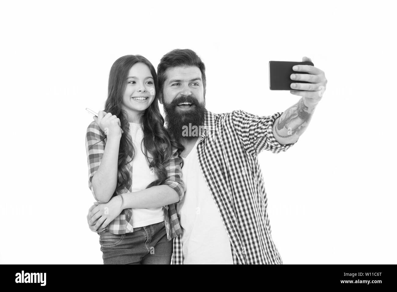 Si Drôle Selfies Parfait Famille Heureuse Homme Barbu Père Avec