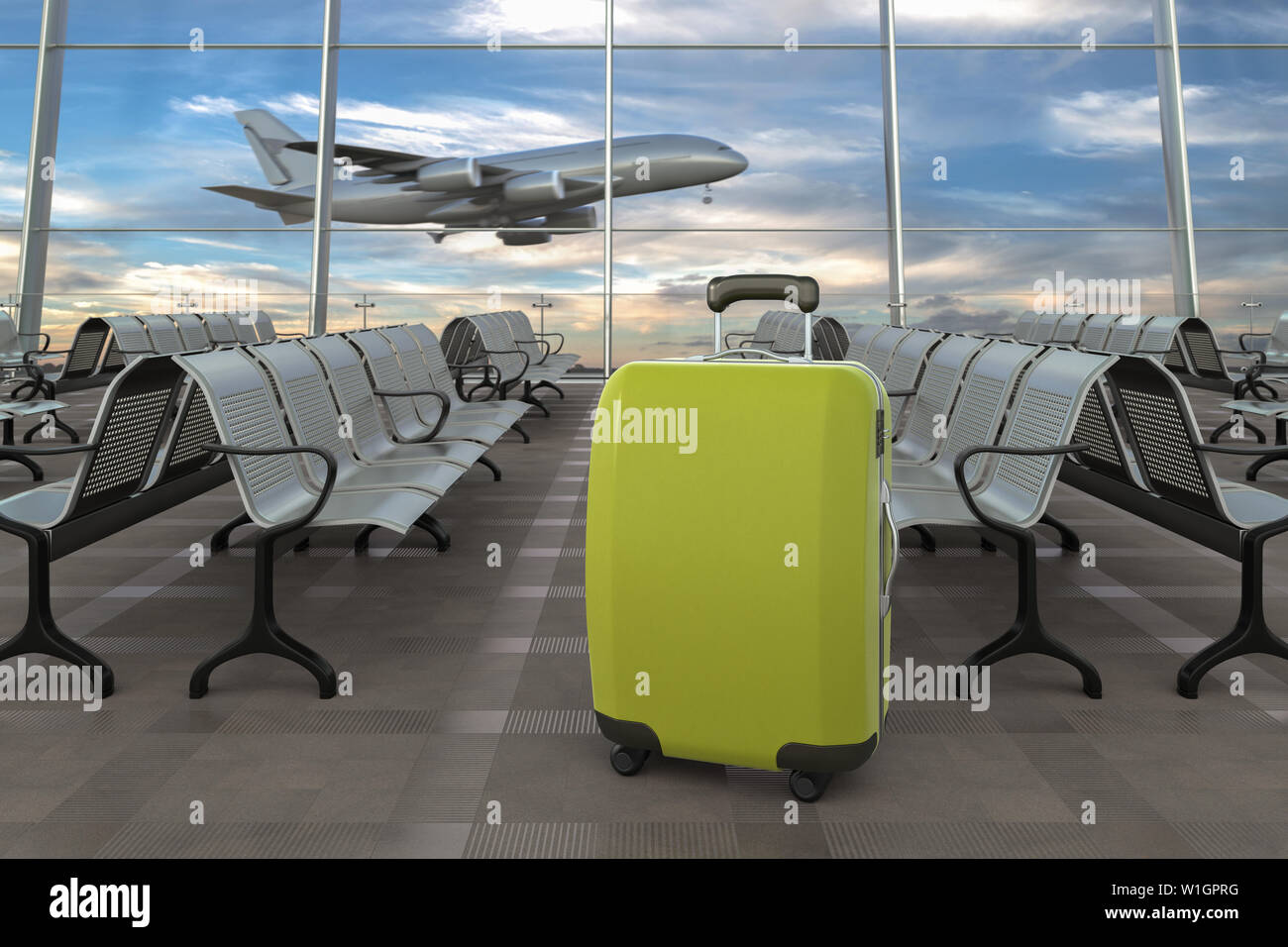 La salle d'embarquement de l'aéroport. Assurance jaune et valise avion ...