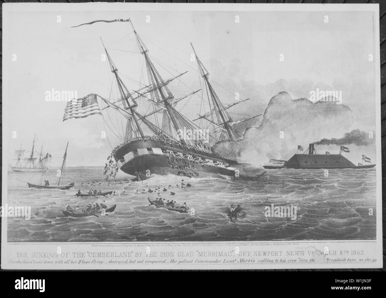 Le naufrage de la Cumberland par le Merrimac de fer vêtu, au large de ...