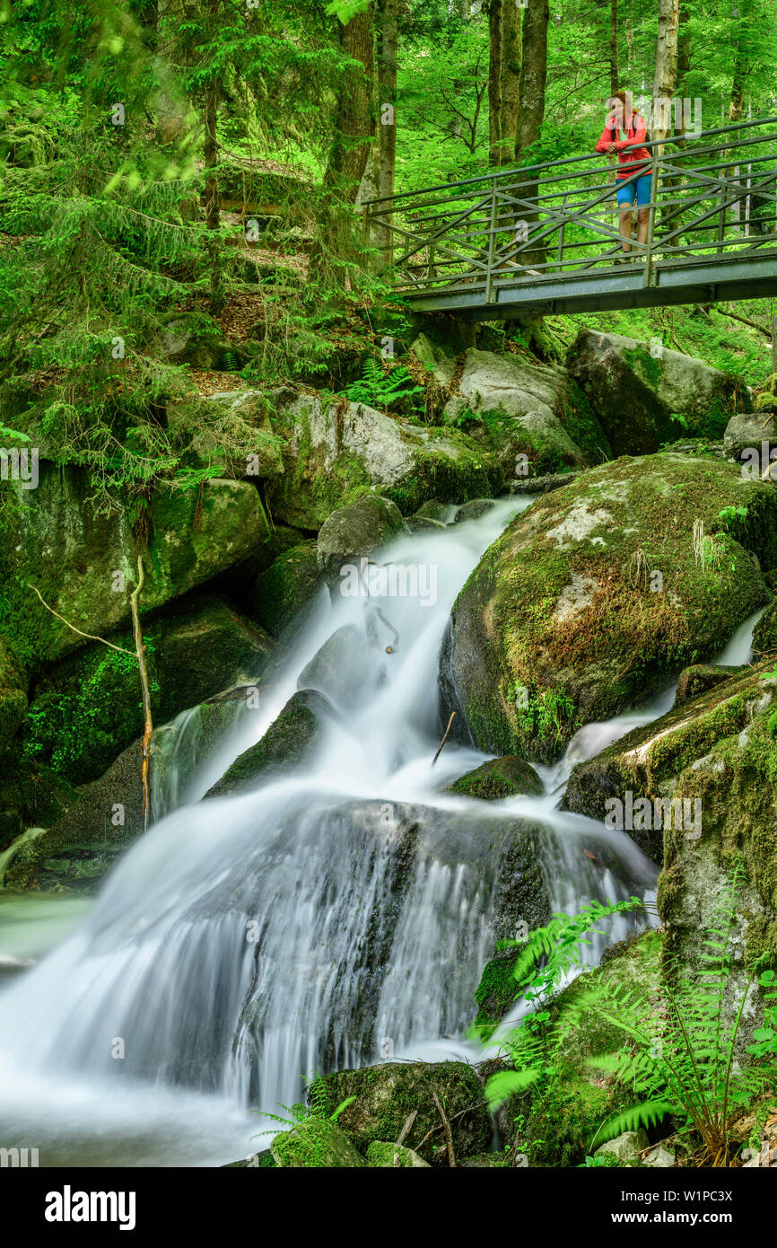 Randonnée femme debout sur le pont et à la cascade, une chute d ...
