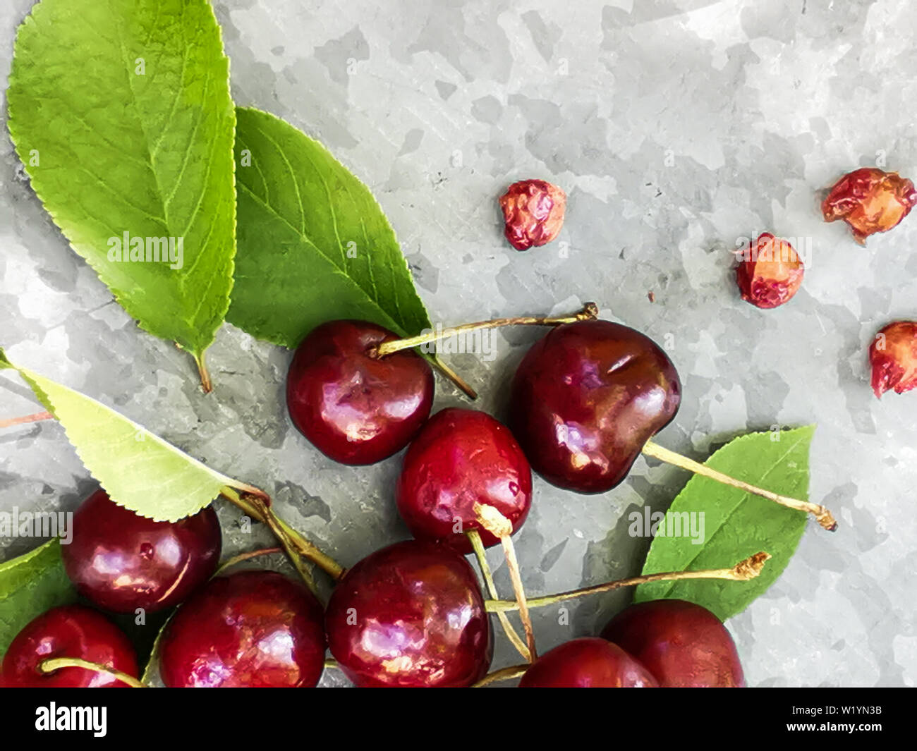 Belle cerise sur le tableau et sur la soucoupe. Des cerises et des ...