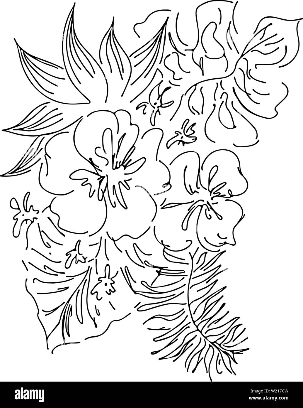 Vector hand croquis avec feuilles et fleurs tropicales isolé sur fond ...