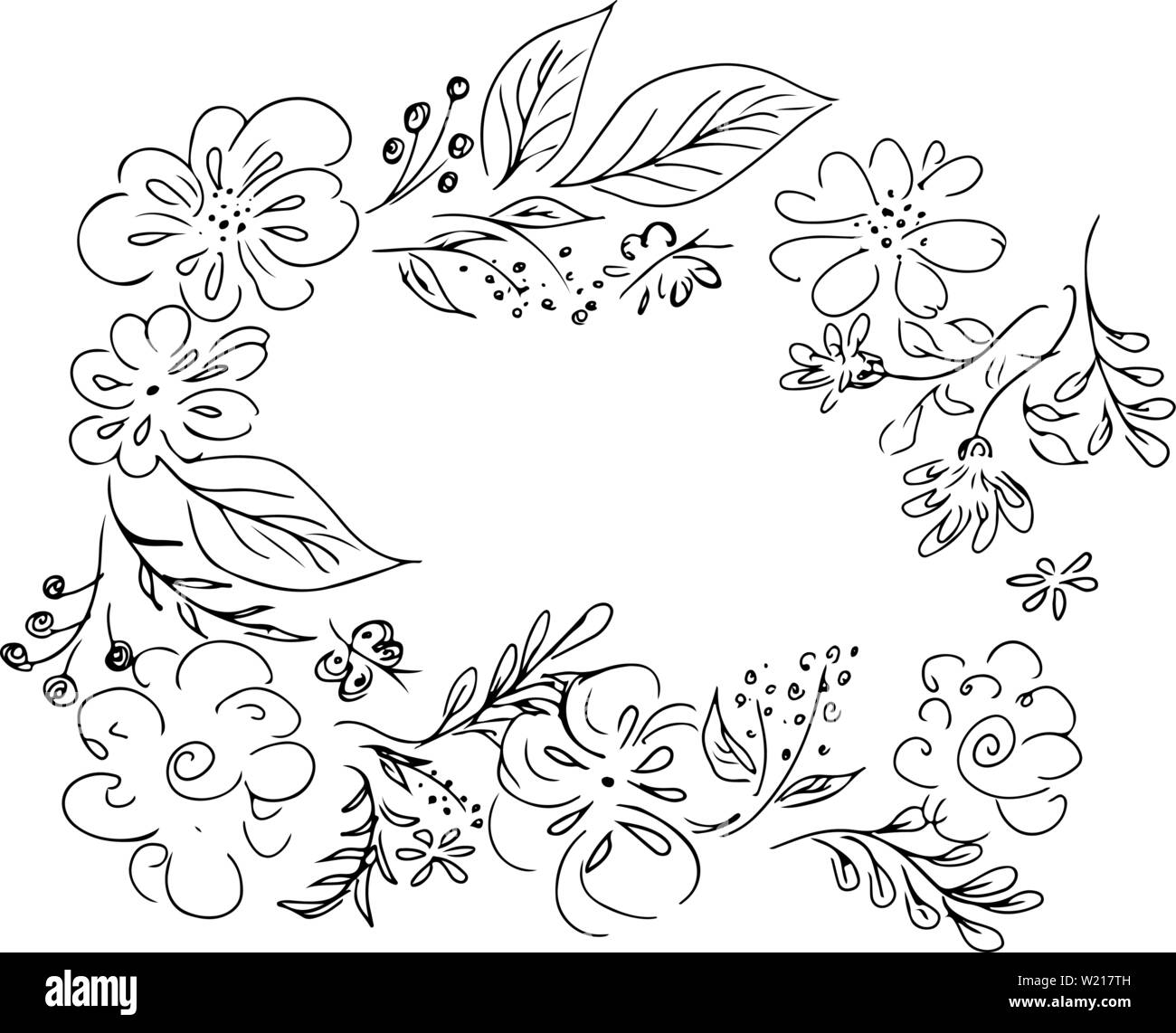 Vector hand croquis avec feuilles et fleurs tropicales isolé sur fond ...
