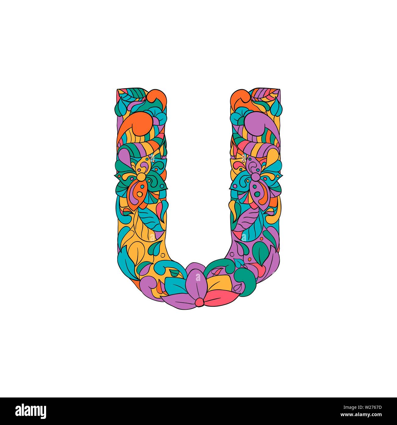 Ornement floral coloré Alphabet, lettre initiale U Font. Typographie ...