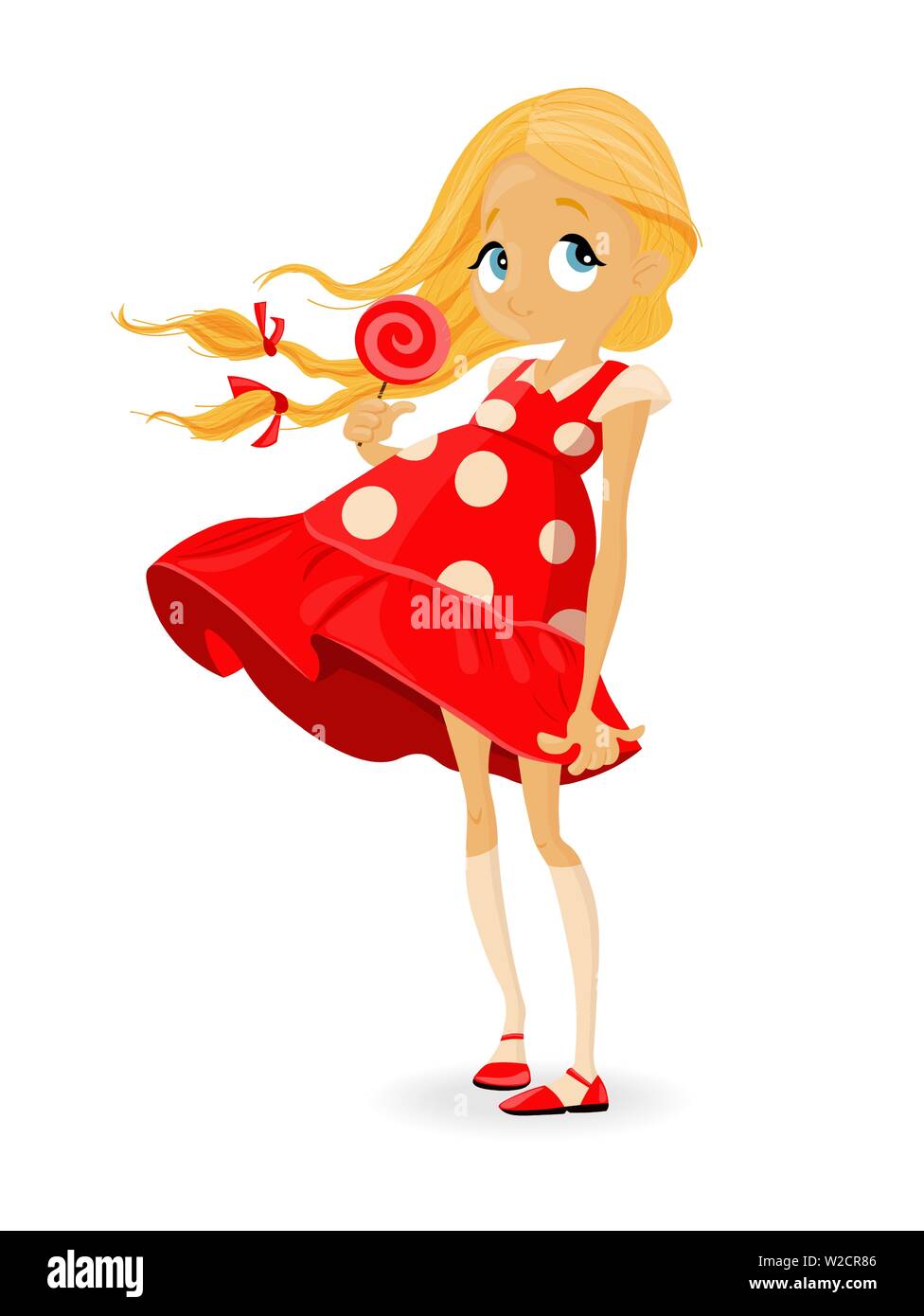 Petite fille en robe rouge Vector cartoon character. cute kid timide de ...