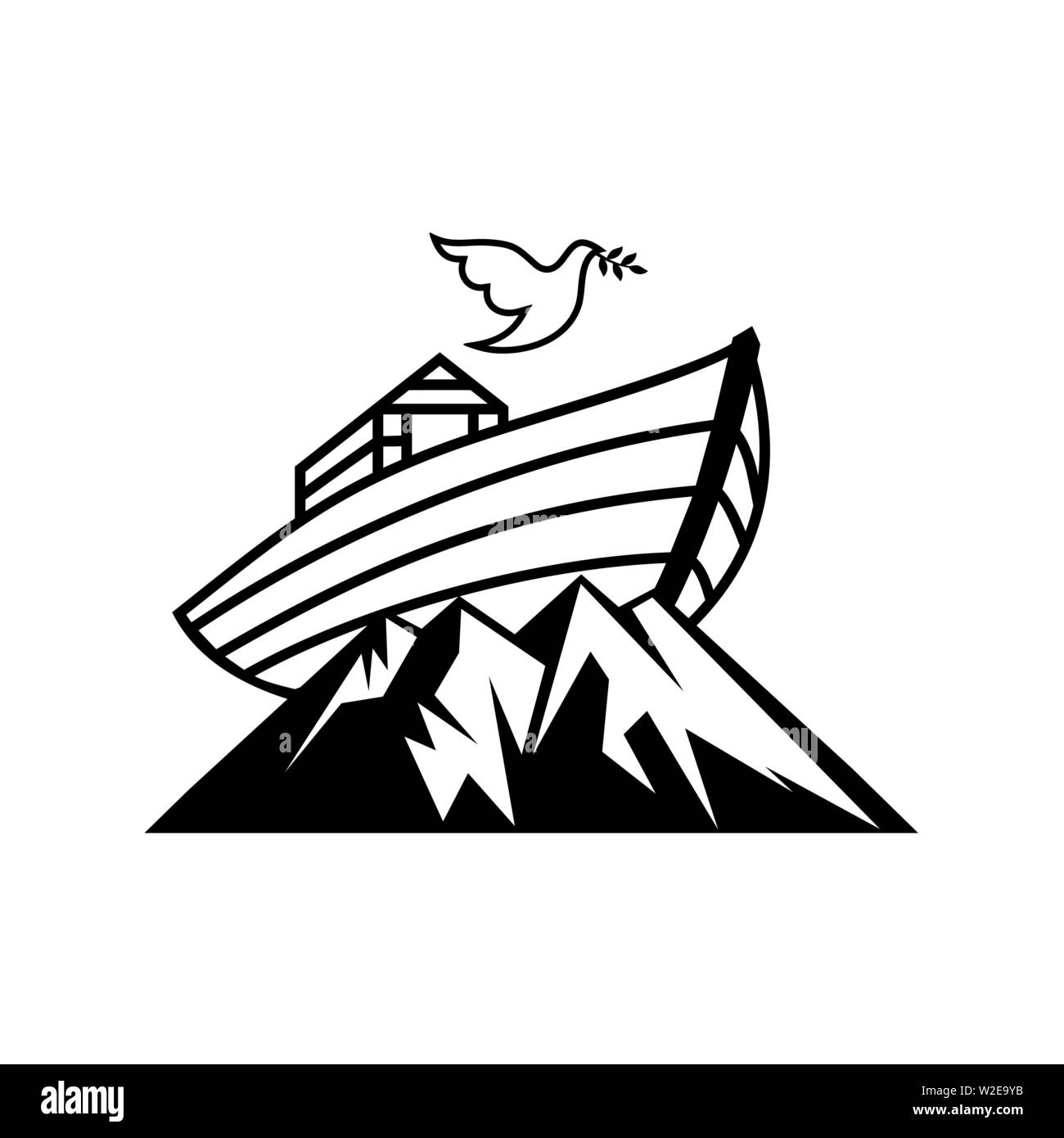 L'arche de Noé du logo en haut de la montagne. Colombe avec une branche ...