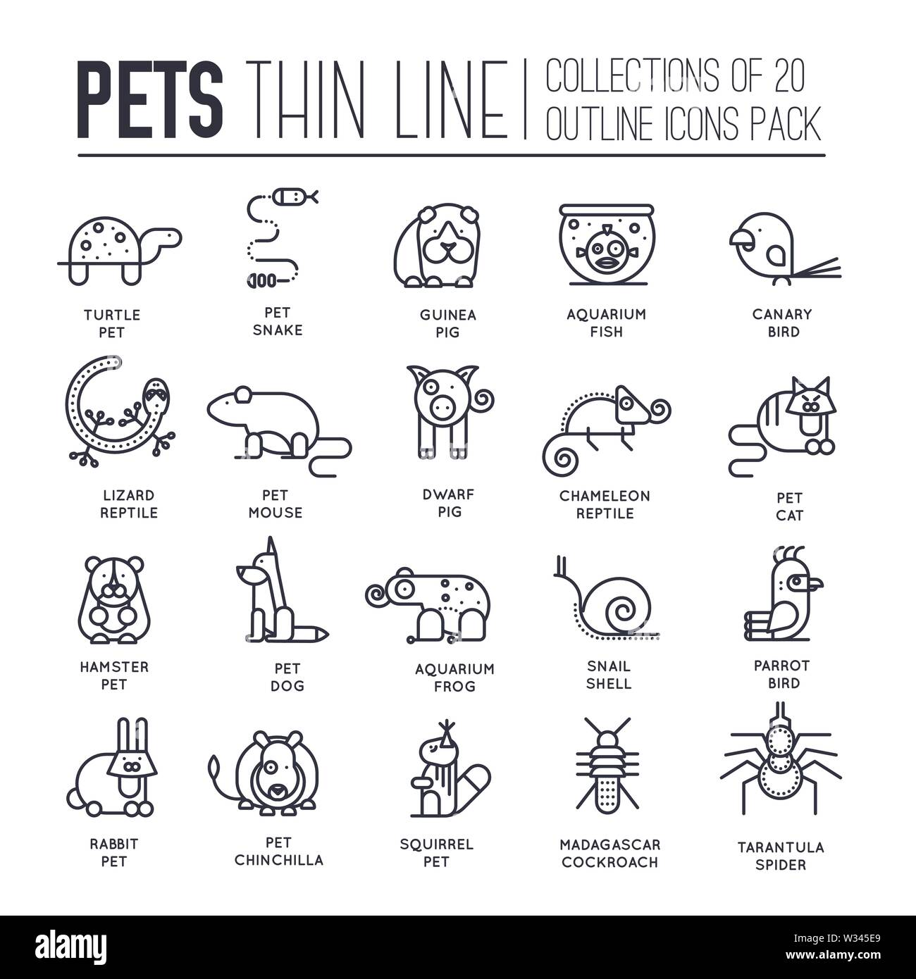 Ensemble d'animaux adorables fine ligne Icones, Logos isolé sur fond ...