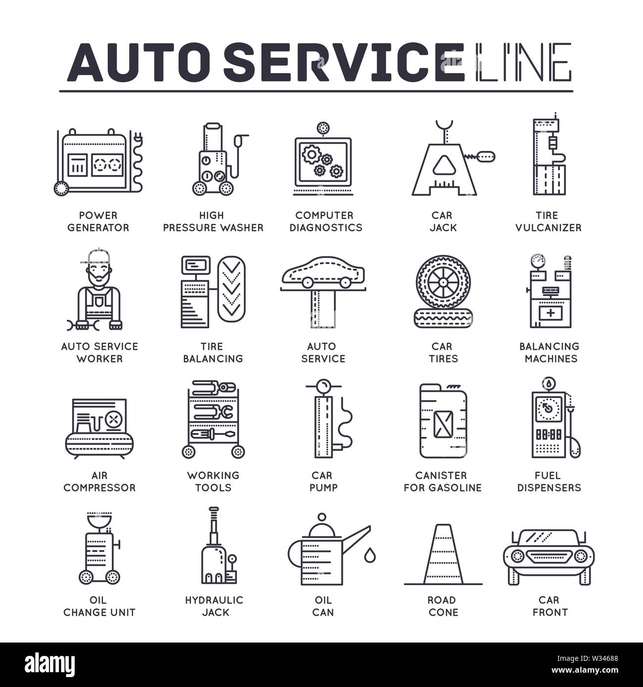 Ensemble de service auto fine ligne icônes isolé sur blanc. Contours d ...