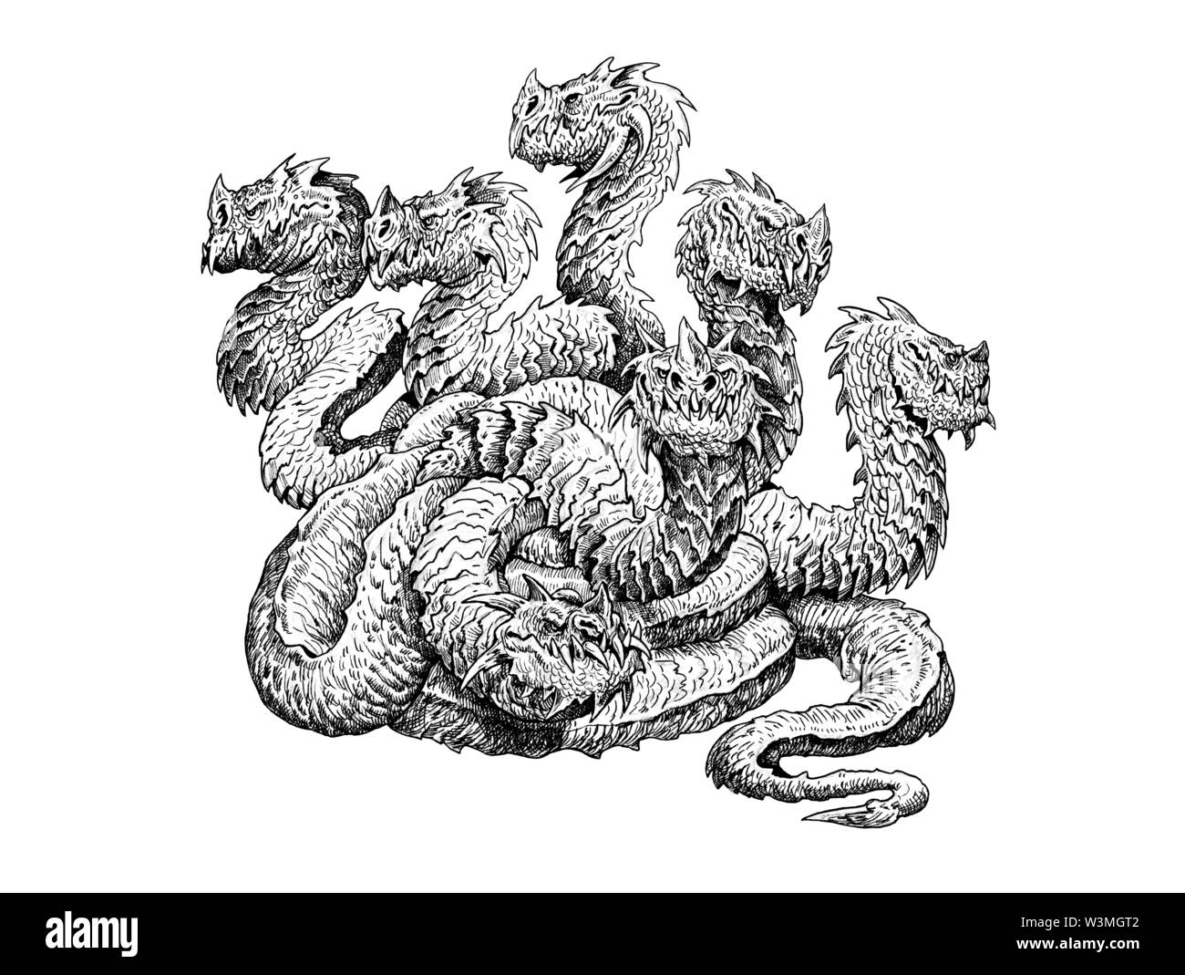 Lerne - créature mythologique. Dessin dragon tête multiples. Monstre ...
