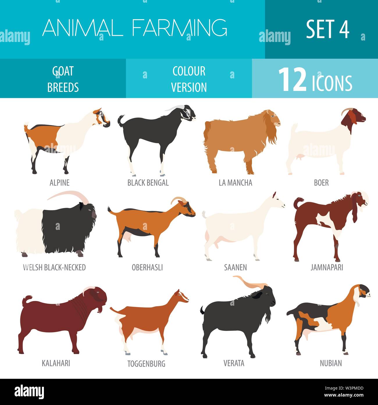 Races de chèvre icon set. L'élevage. Modèle plat. Vector illustration ...