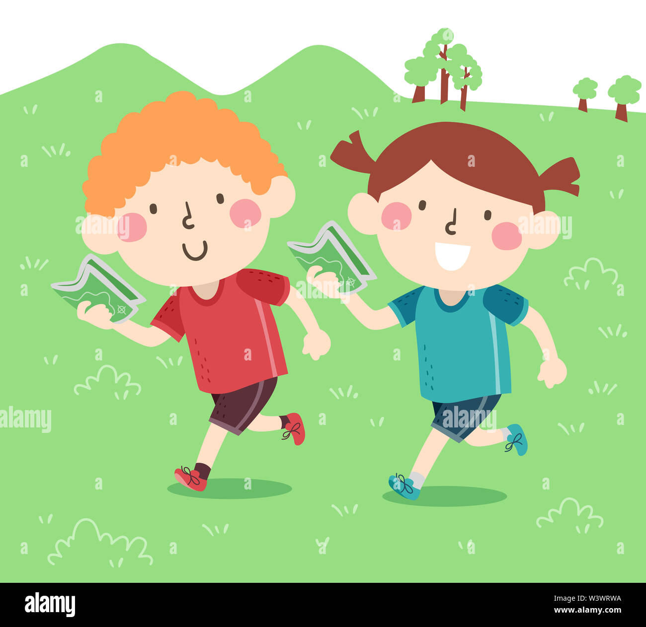 Illustration d'enfants qui courent dans la nature maintenant les cartes ...