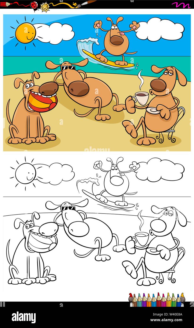 Cartoon Illustration de chiens drôles Personnages Animaux en vacances ...