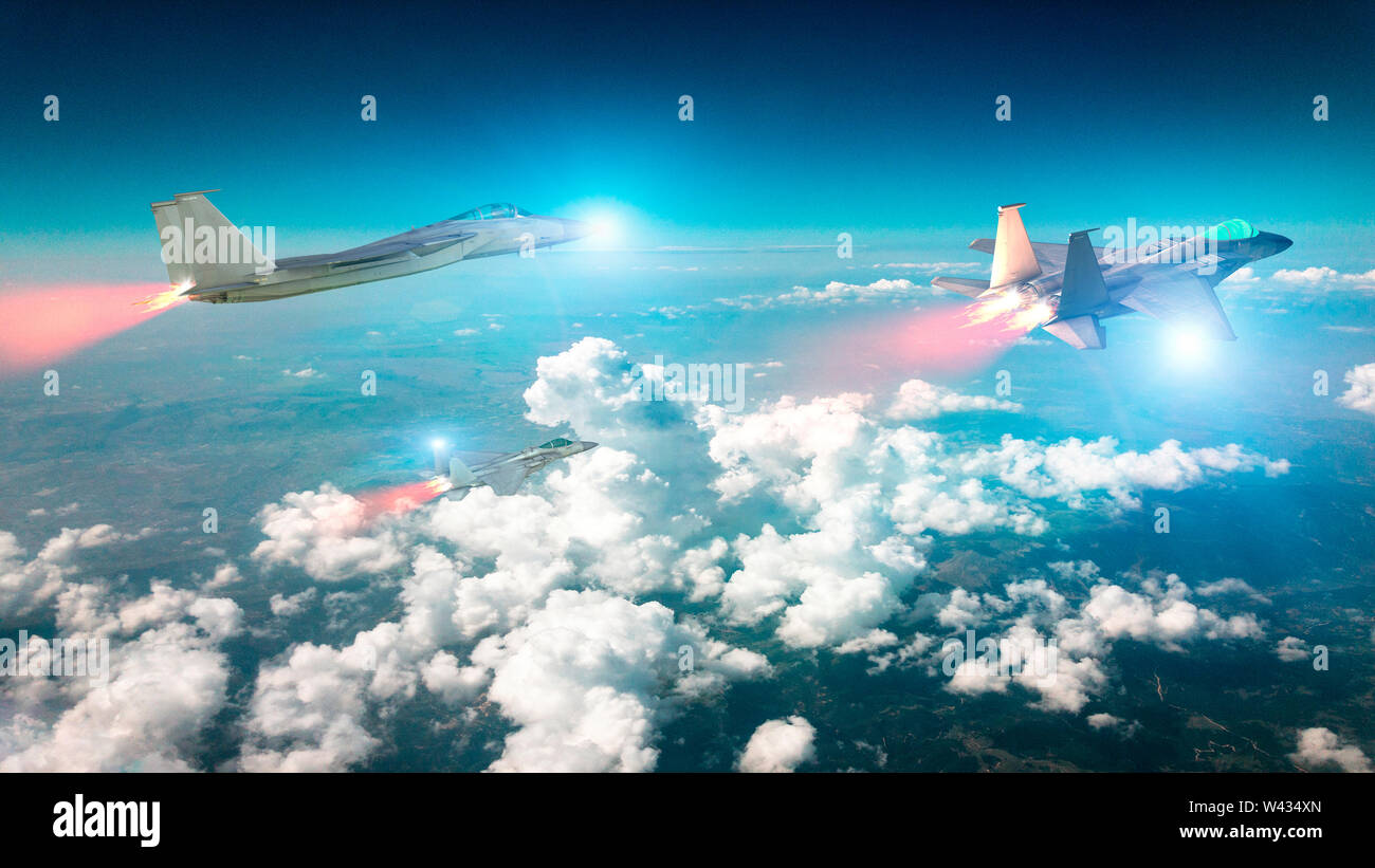 L'escadron de F-15 volant dans les nuages. F-15 Eagle modèles. Le rendu ...