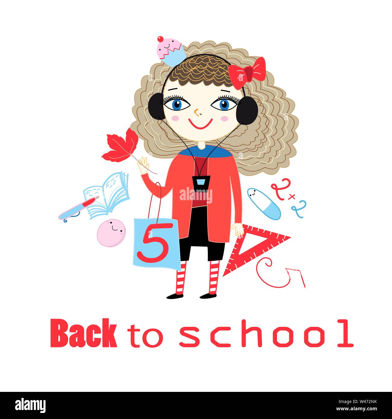 Vector illustration cartoon avec cheerful girl aller à l'école sur fond ...