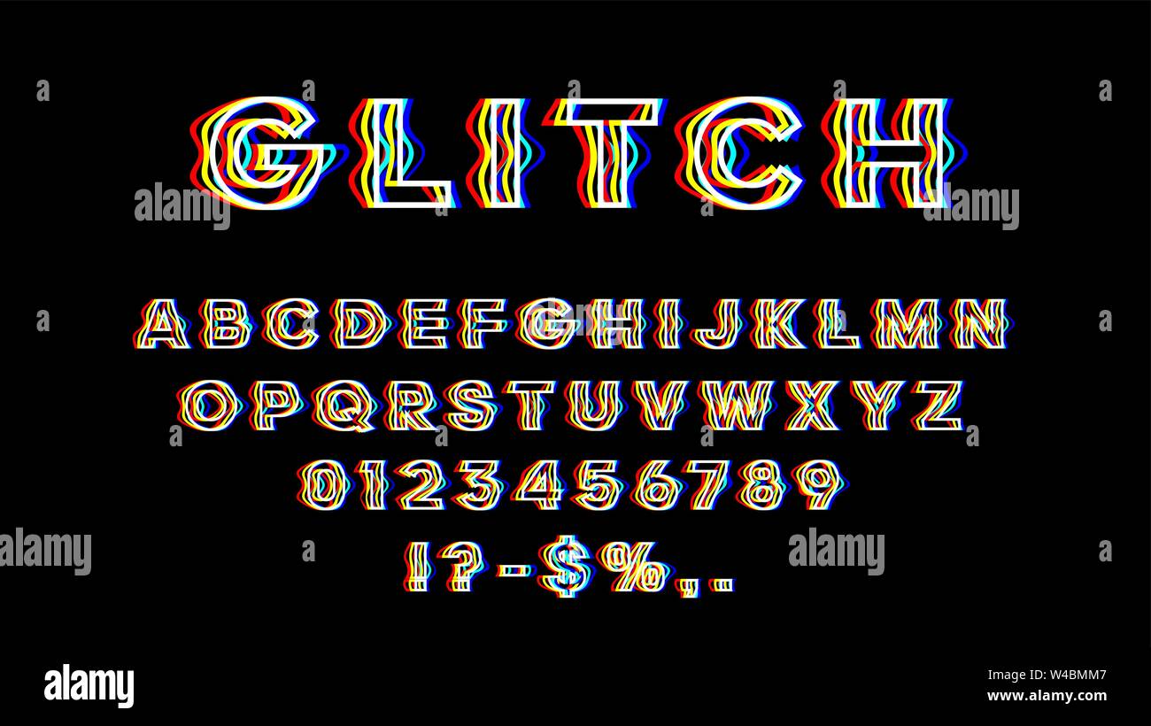 Glitch police avec effet 3D de distorsion. Lettres, chiffres et ...