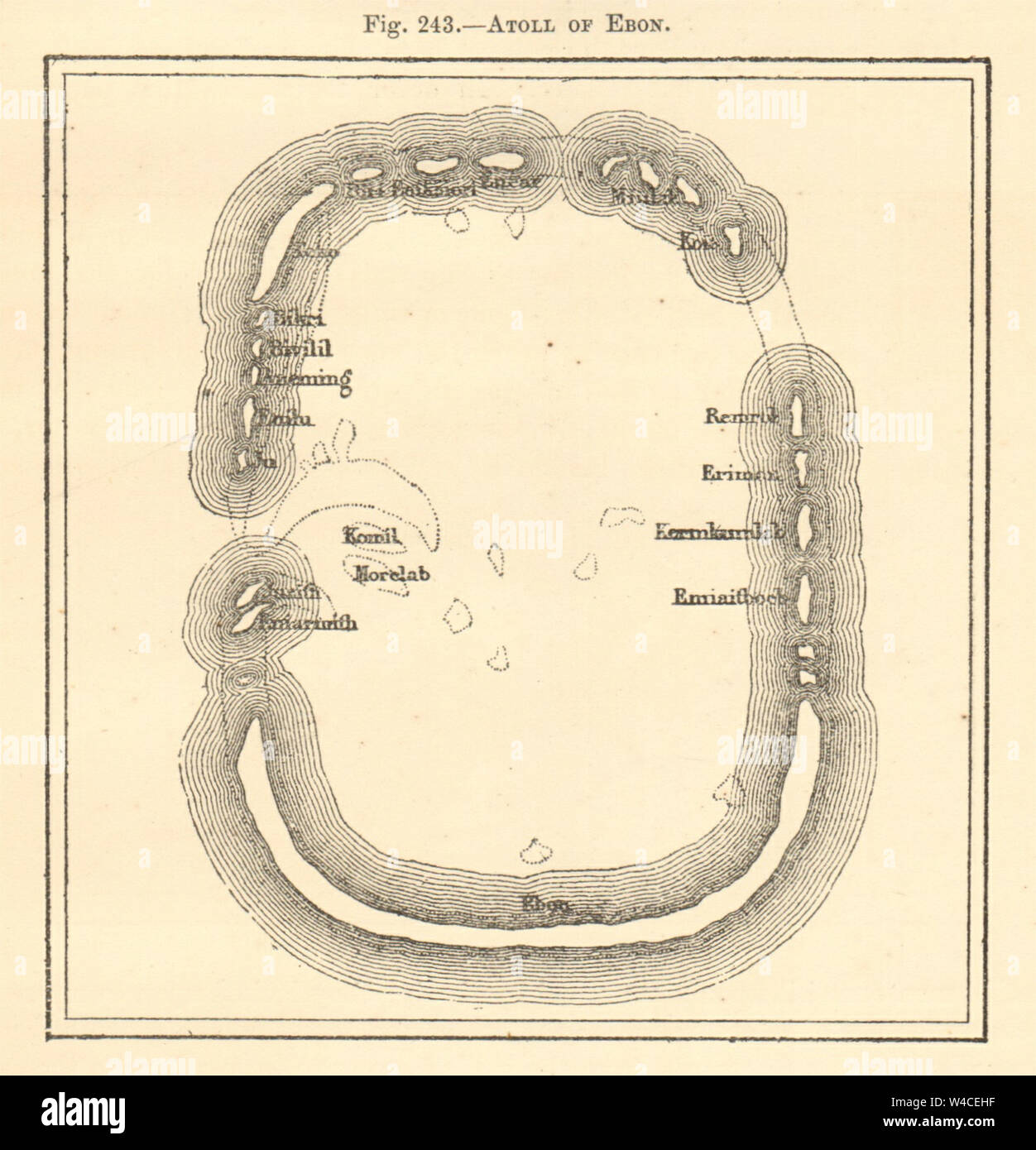 Atoll d'Ebon. De l'océan Pacifique. Îles Marshall. Croquis 1886 ancien ...