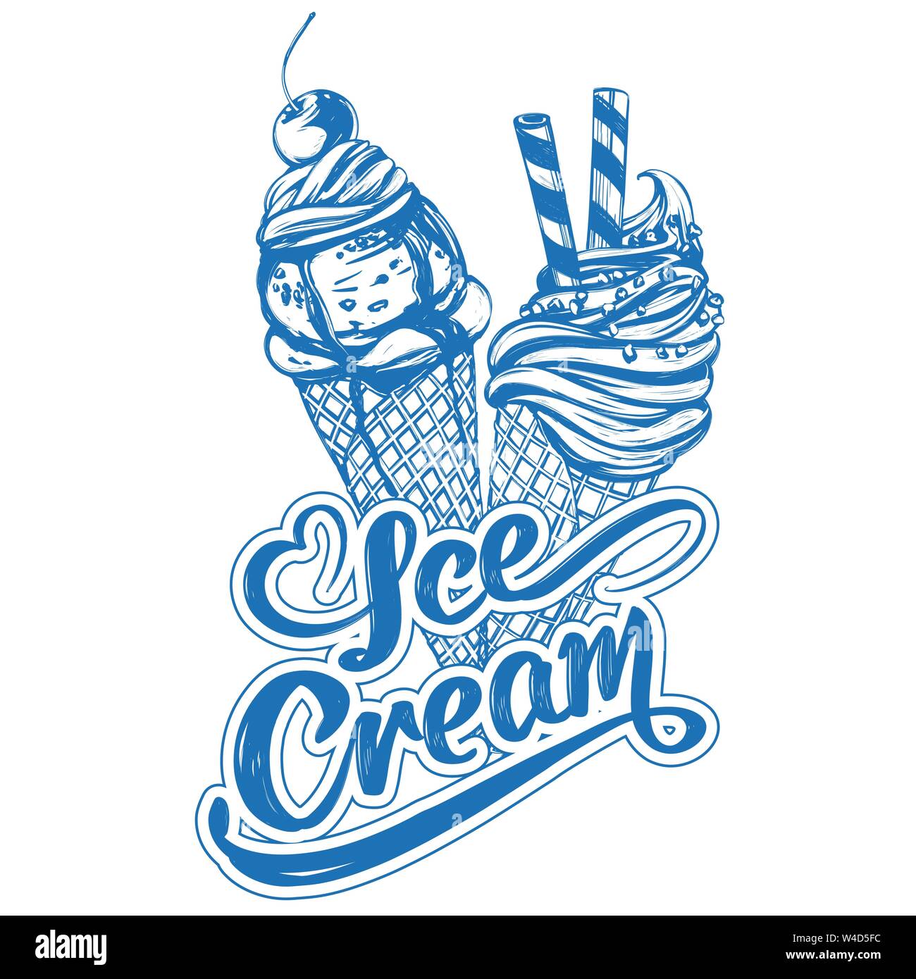 La crème glacée logo, texte calligraphié hand drawn vector illustration ...