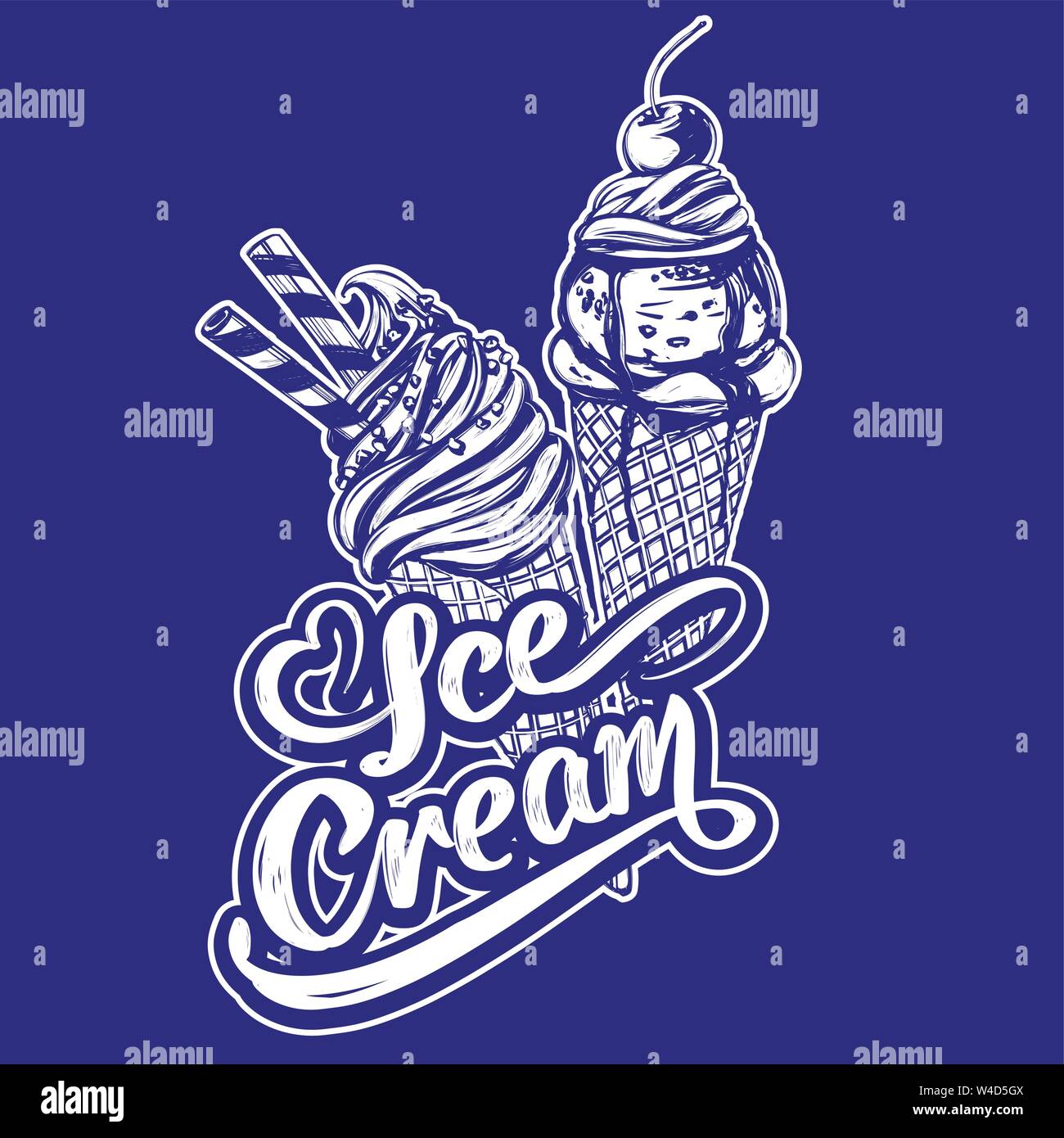 La crème glacée logo, texte calligraphié hand drawn vector illustration ...